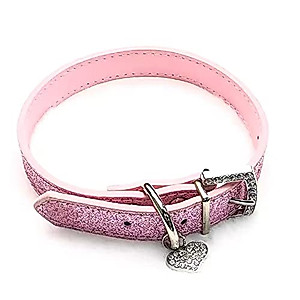 Collar with Heart Pendant PU Leather Comfortable Kitten Collars Adjustable Length Small Pets Supplies Pink & Silver pet Collars for Dogs Girl