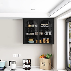 HXCQYGL Glass Doors Modern Two-Door Wall Cabinet with Featuring Three-Tier Storage for Entryway Living Room Bathroom Dining Room, Wall Cabinet with Characteristic Woven Pattern, 27.56" (Black)