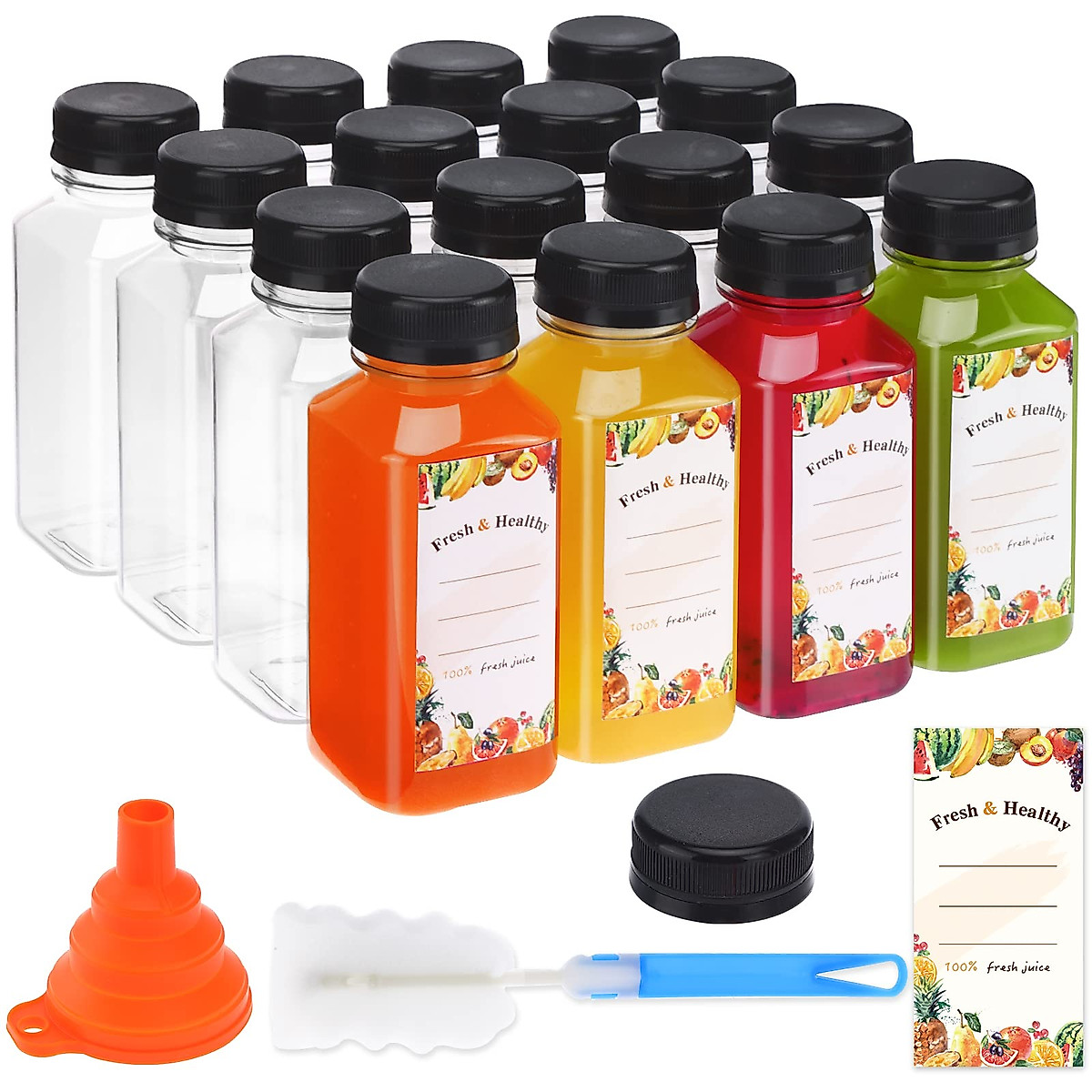 Moretoes 16pcs 8oz Plastic Juice Bottles with Caps, Reusable Juicing Bottles for Juice Milk Smoothie and Other Beverages