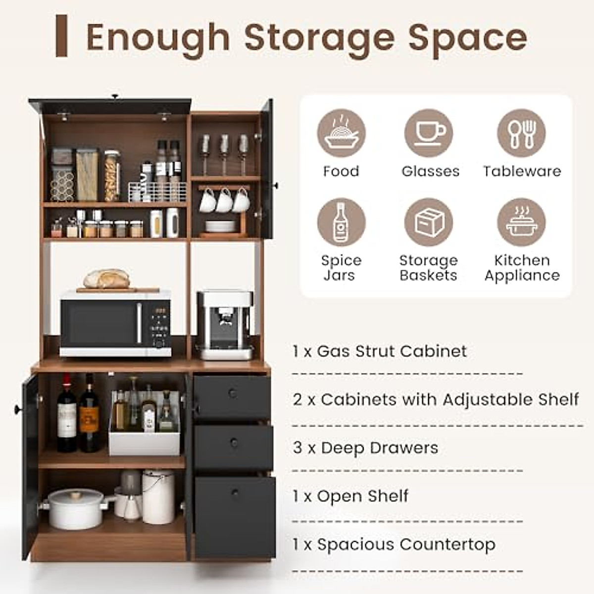 PETSITE Kitchen Buffet Hutch Storage Cabinet, 71'' Freestanding Pantry with 3 Cabinets & Drawers, Adjustable Shelves, Microwave Cupboard for Living Room, Dining Room