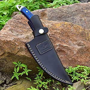 Grace Knives Handmade Viking Knife Meat Cleaver Fishing Fillet Boning Knife Damascus Steel Knife With Leather Sheath G-511 (Blue Wood)