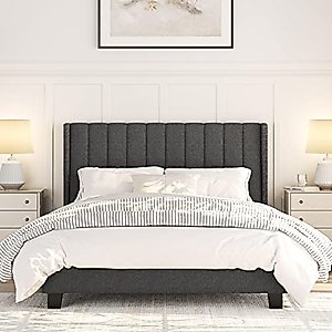 Yaheetech Queen Size Bed Frame, Upholstered Platform Bed with Wing Edge Channel Headboard, Square Tufted Fabric/Mattress Foundation/Wooden Slats Support/No Box Spring Needed/Easy Assembly/Dark Gray