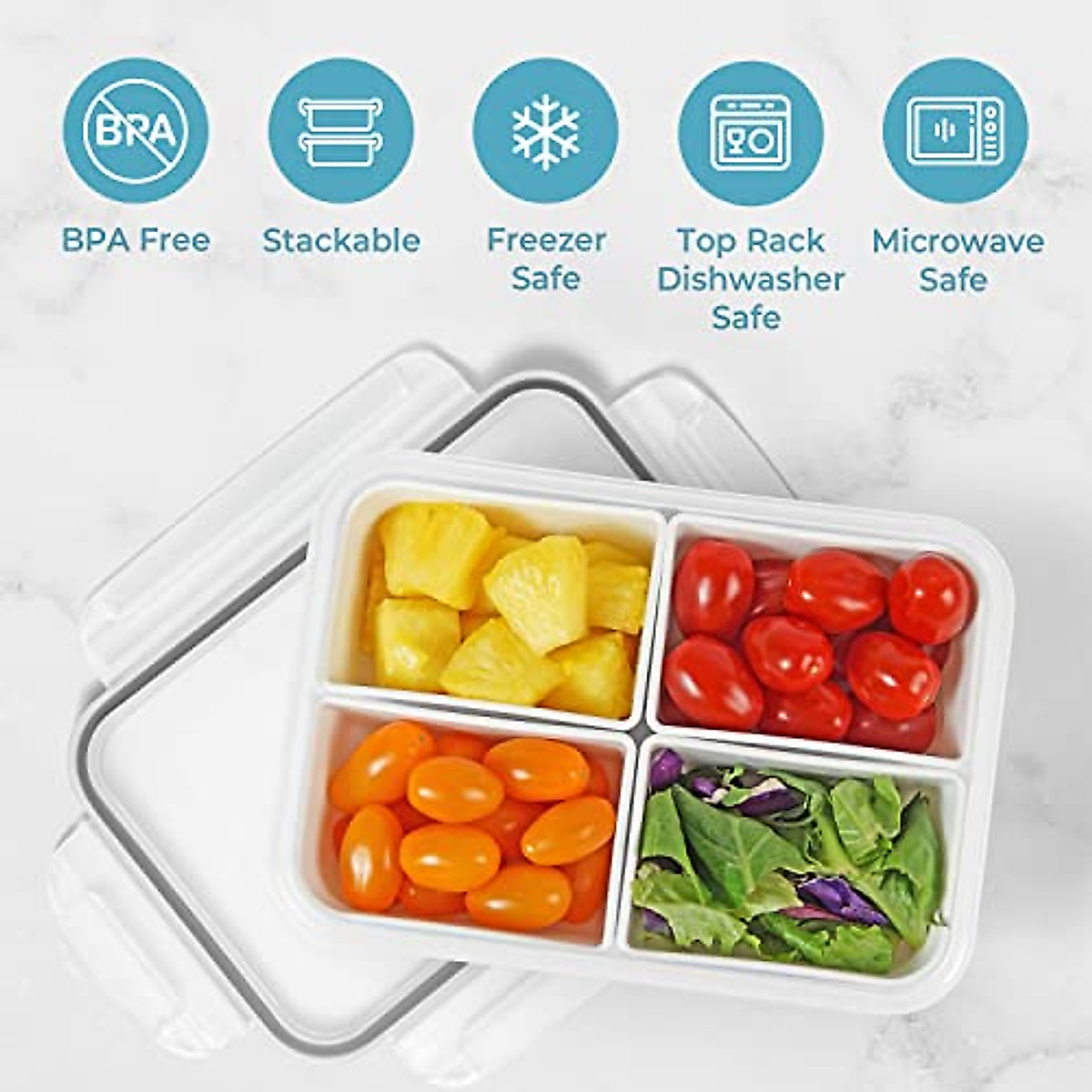 carrotez Food Storage Container with 4 Removable Compartments, Food Prep Container with Airtight Lids, Portion Control Container, Reusable, BPA Free, 6.3 Cup (1500ml)