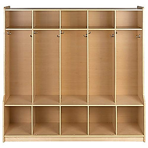 Flash Furniture Wooden 5 Section School Coat Locker with Bench, Cubbies, and Storage Organizer Hook-Safe, Kid Friendly Design - 48"H x 48"L (Natural)