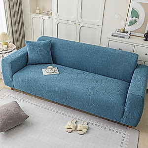 OQHAIR Stretch Jacquard Sofa Cover 3 Seater 1 Piece Willow Couch Cover for 3 Cushion Couch for Living Room Pets Furniture Protector Sofa Covers -Blue-4 Seater