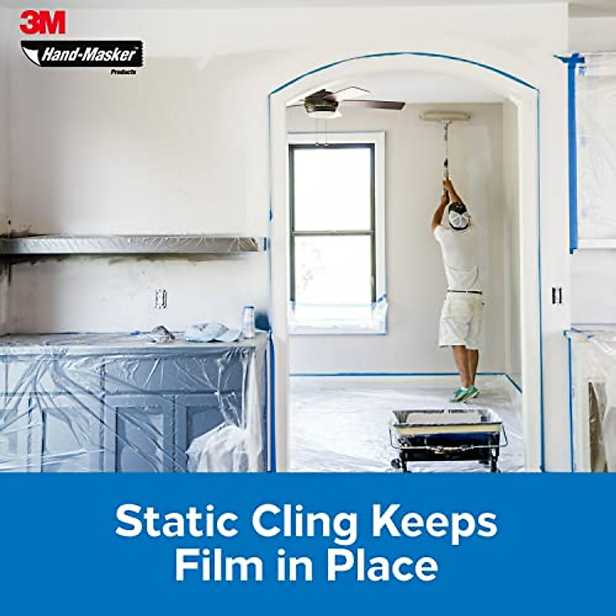 3M Hand Masker Advanced Masking Film, 72 in x 90 ft, Static Cling Keeps Film in Place, Prevents Liquids From Bleeding Through, Flake Resistant, For Indoors & Outdoors Use, 1 Roll (AMF72)