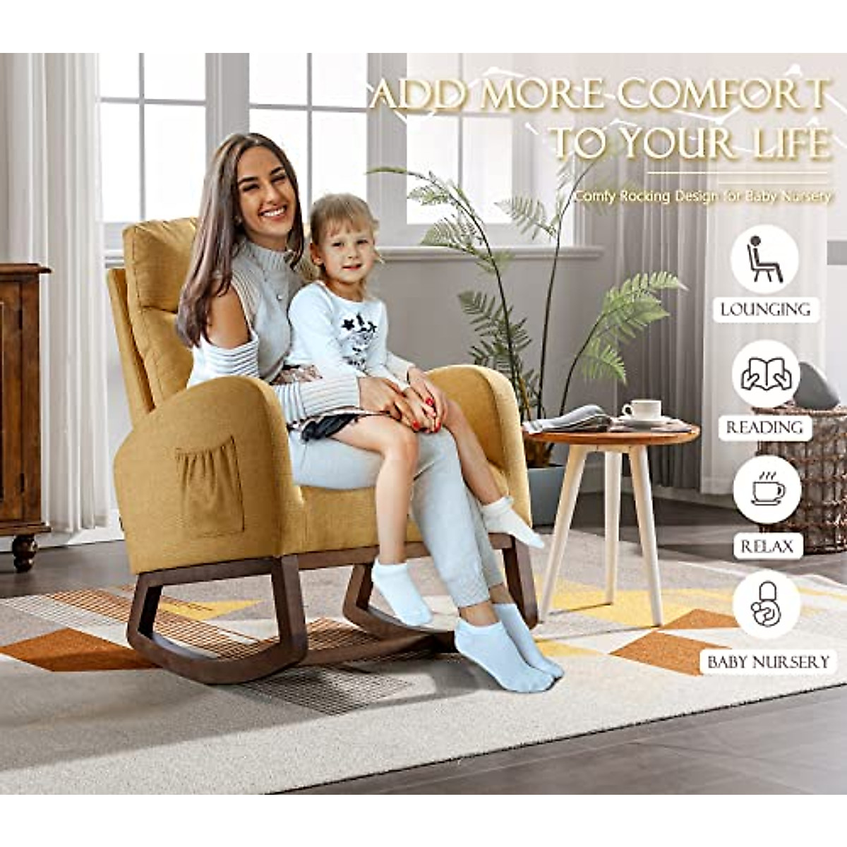 KINFFICT Comfy Rocking Chair, Upholstered Accent Glider Rocker for Baby Nursery or Relaxation, Living Room Armchair with High Back and Headrest, Modern Rocking Glider with Side Pocket, Yellow