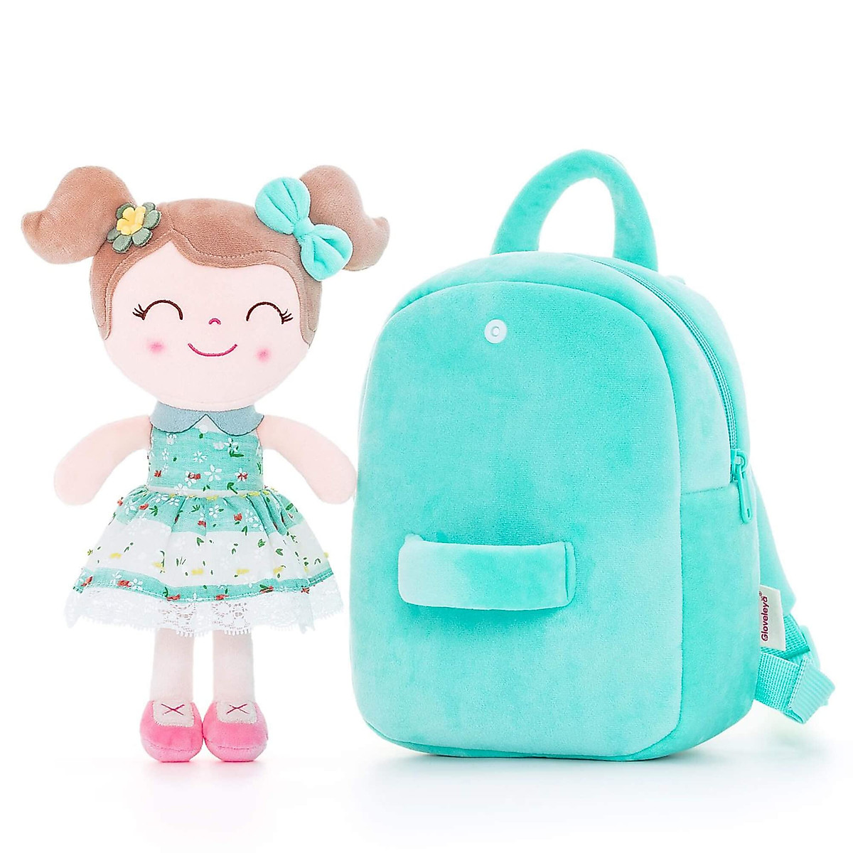 Gloveleya Kids Backpacks Girls Backpack Plush Bags with Soft Baby Doll Green 9"