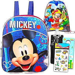Mickey Mouse Mini Backpack and Drawstring Bag for Boys Set - Bundle with 11'' Mickey Mouse Mini Backpack, Drawstring Bag, Water Bottle, Stickers, More | Mickey Backpack Toddler
