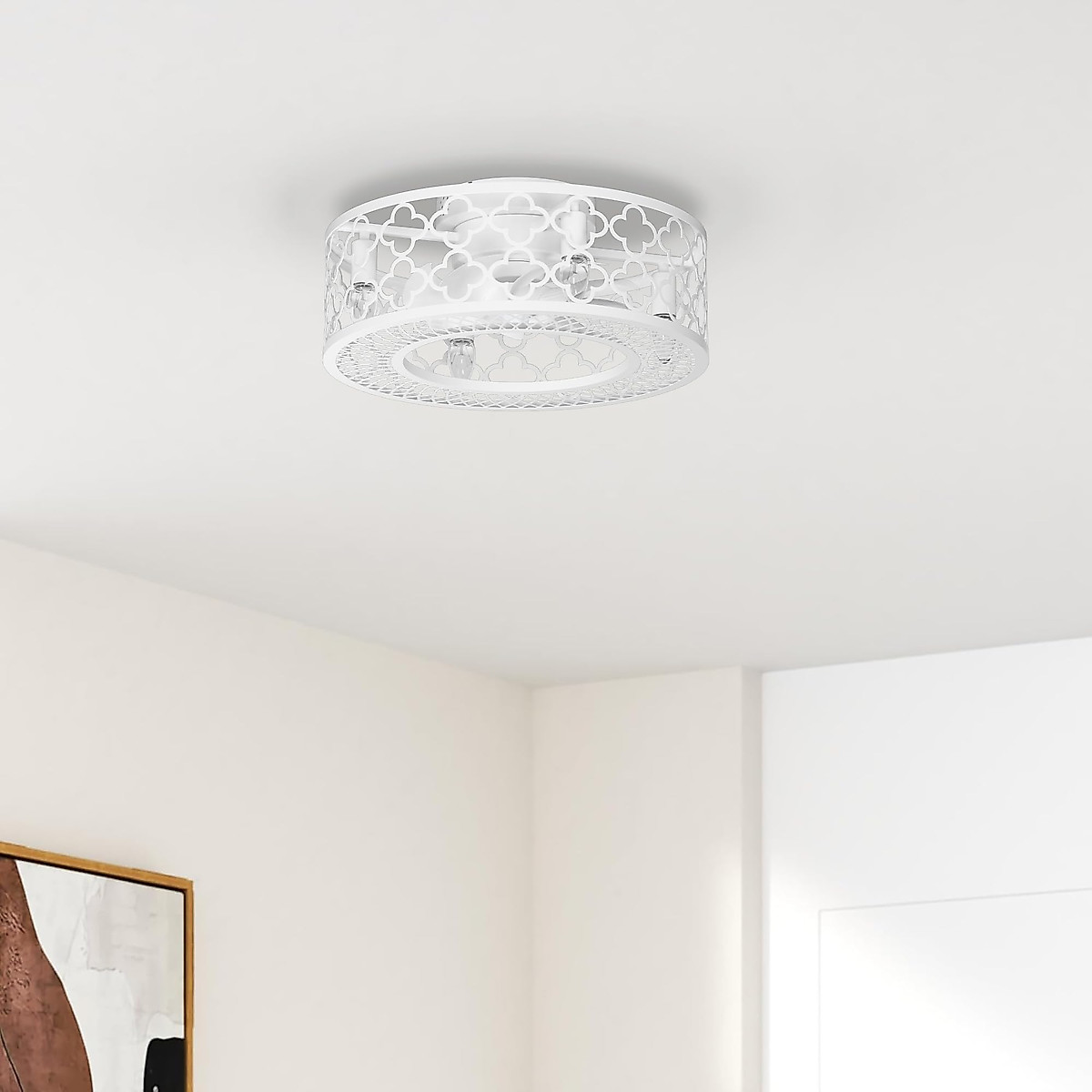 Coolbull White Caged Ceiling Fans with Lights and Remote Outdoor Enclosed Bladeless 18 Inch Low Profile Flush Mount Fixture Small Fandelier LED Ceiling Fan Light for Kitchen Farmhouse Bedroom