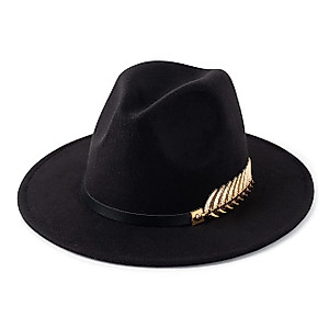 HUDANHUWEI Women's Wide Brim Fedora Panama Hat with Metal Belt Buckle Black