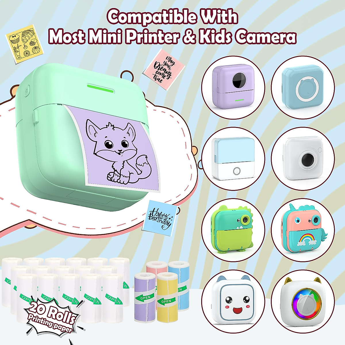 HUIJUTCHEN 20 Rolls Mini Thermal Sticker Printer Paper 57x25mm Inkless Self-Adhesive Paper for M02/T02/X5 Pocket Bluetooth Receipt Printer for Photo,DIY,Note,Memo(16 White+4 Color)