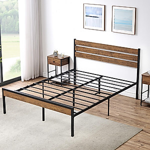 GAOMON Queen Bed Frame with Wood Headboard and Metal Slats, Mattress Foundation No Box Spring Needed Easy to Assemble Non-Shaking and Non-Noise (Queen)