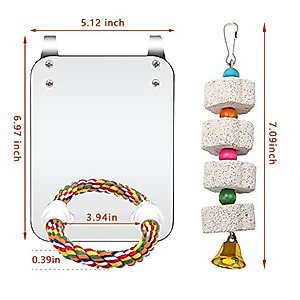 Catcan Bird Cage Mirror, Bird Mirror with Perch Rope for Cage Cockatiels Cotton Rope Standing Bar Parrot Mirror with Parrot Molar Toy Pendant