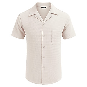 COOFANDY Men's Waffle Shirt Button Down Short Sleeve Shirt Loose Fit Cuban Beach Tops Khaki