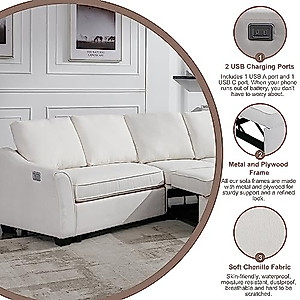 ERYE 129.5" L-Shaped Sofa W/Pull USB Charging Port, Modern Functional Corner Sectional Convertible Sleeper & Couch Bed for Home Apartment Living Room, Beige