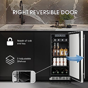 HCK Beverage Refrigerator 15 Inch, Under Counter Beverage Fridge with Stainless Steel Door, 3.18 cu.ft Built-in and Freestanding Outdoor Mini Fridge for Patio, Outdoor Kitchen, Soda and Beer