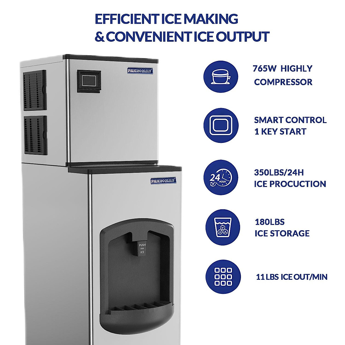 22" Air-Cooled Modular Full Cube Ice Machine - 350 lbs/Day Production, 180 lbs Ice Bin Dispenser | ETL & Energy Star Certified