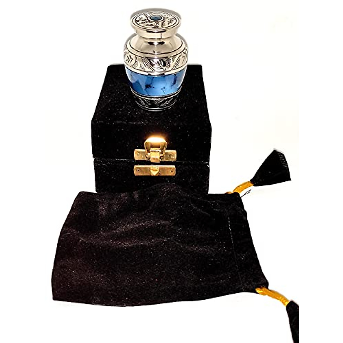 AKANKSHA ARTS Classic Small Mini Cremation Keepsake Urn for Human Ashes – with Box and Velvet Box - 2.6 inch - Blue Fire Design - Made of Brass