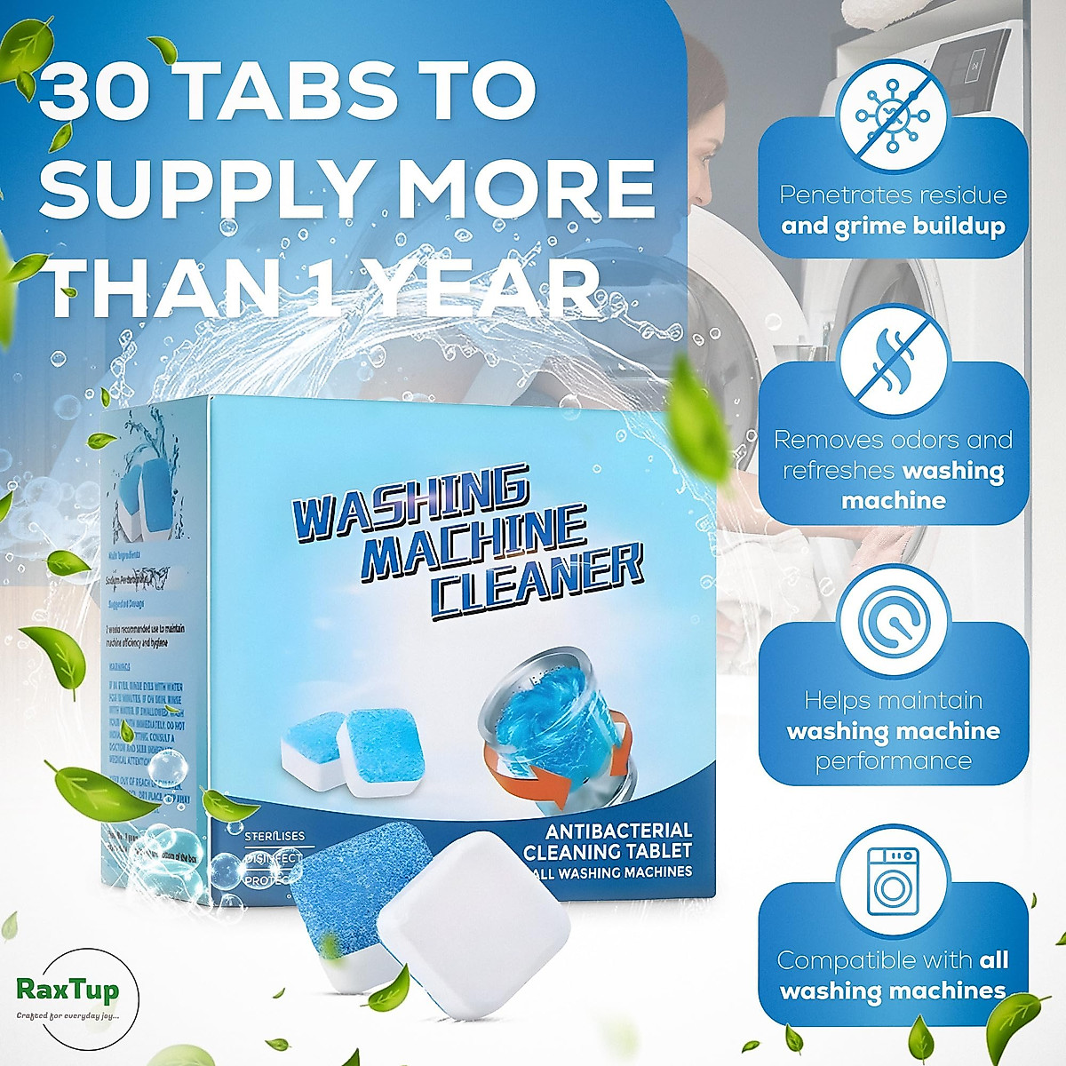 raxtup Washing Machine Cleaner Deep Cleaning Tablets For HE Front Loader & Top Load Washer, Clean Inside Drum And Laundry Tub Seal (30)