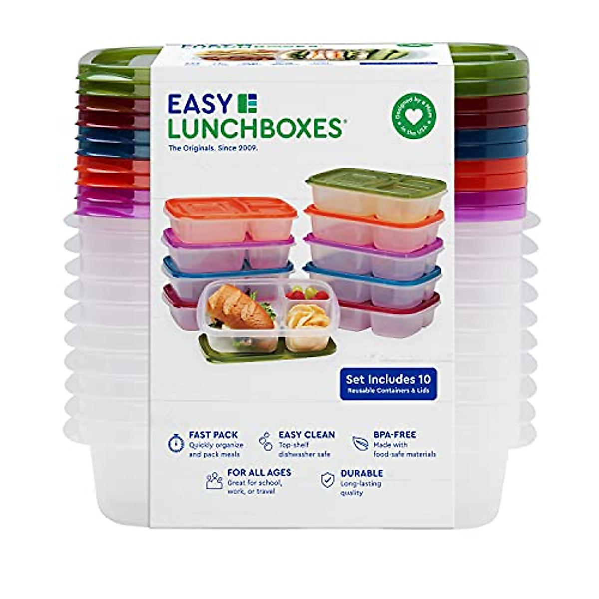 EasyLunchboxes® - Bento Lunch Boxes - Reusable 3-Compartment Food Containers for School, Work, and Travel, Set of 10 (Classic)