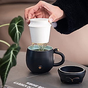 HEER Ceramic Tea Cup with Infuser and Lid, Cute Lucky Cat Coffee Mug Gift for Cat Lovers, Chinese Loose Leaf Tea Steeper. (Black)