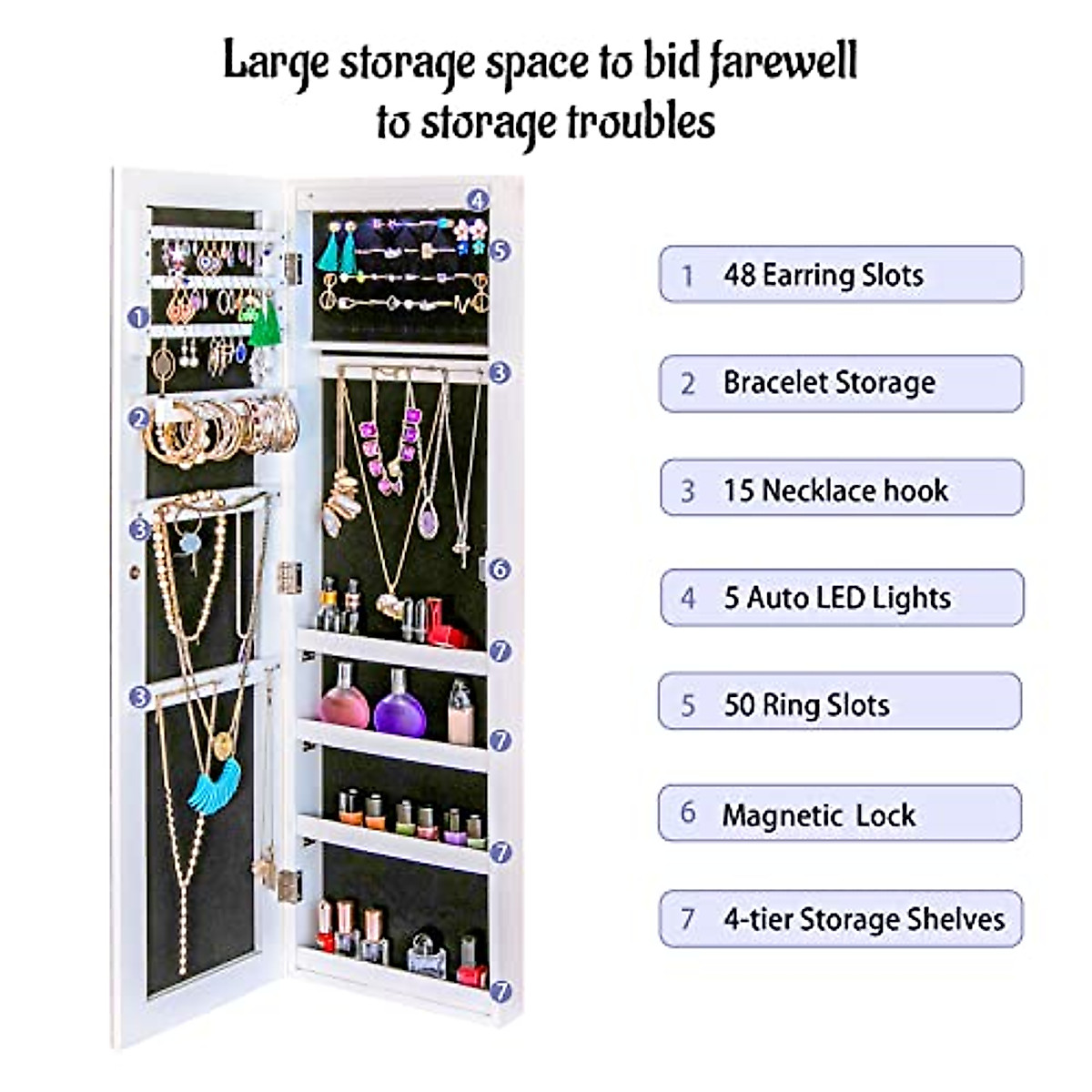 KEDLAN Mirror Jewelry Organizer, Wall/Door Mounted Jewelry Armoire with Full-Length Mirror,Hanging Jewelry Cabinet with LED Interior Lights, White