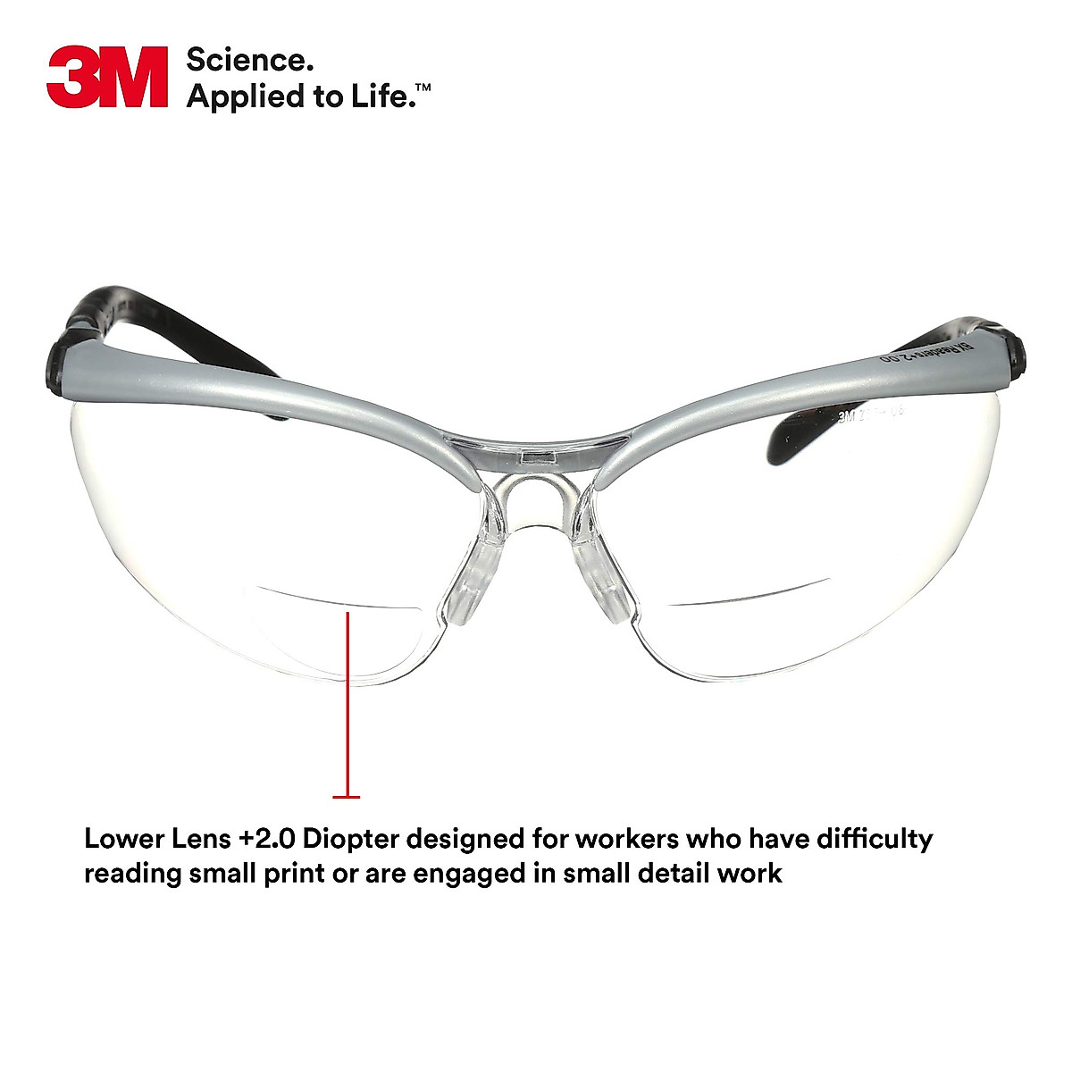 3M Safety Glasses with Readers, BX, +2.0, ANSI Z87, Anti-Fog Anti-Scratch Clear Lens, Silver Frame, Adjustable Length Temples and Lens Angle