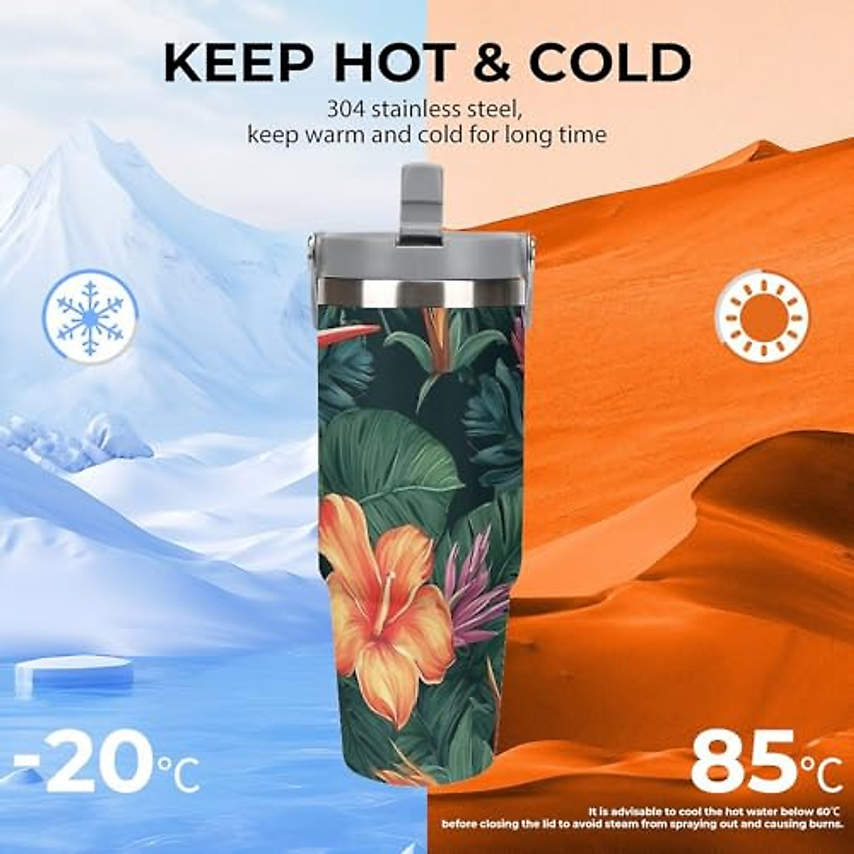 BWQJKUO Large Capacity Car Cup 30 Oz Stainless Steel Tropical Plant Bird Flowers Printed Travel Mug Leak-proof Flip Straw Tumbler with Handle,keeps Cold Or Ho