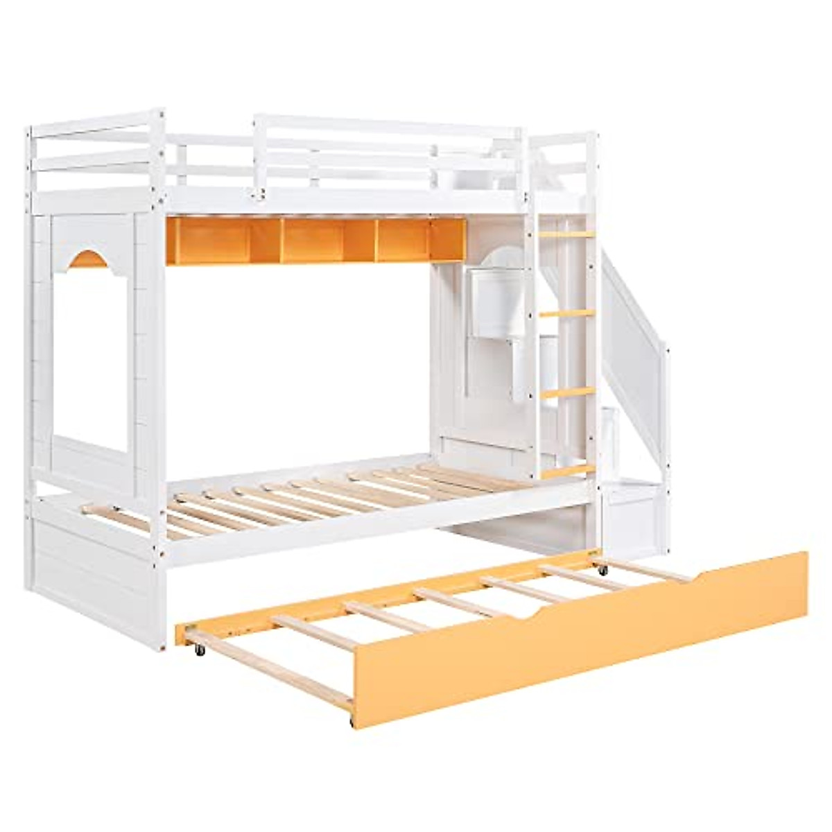 HomSof Twin Over Twin Bunk Bed with Trundle,Stairs,Ladders Solid Wood Bunk Bed with Storage Cabinet （White + Yellow）