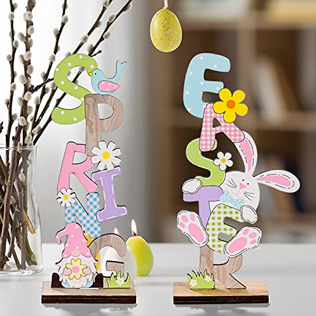 Easter Tabletop Decoration Signs, Easter Table Centerpieces Wooden Bunny Gnomes Decorations Family Signs for Spring Holiday Easter (2PCS)