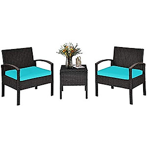 3 PCS Outdoor Conversation Set Patio Rattan Furniture Set 2 Single Sofa 1 Coffee Table With Hidden Storage Compartment Turquoise Soft Cushions Perfect For Garden Backyard Deck Balcony Poolside Use