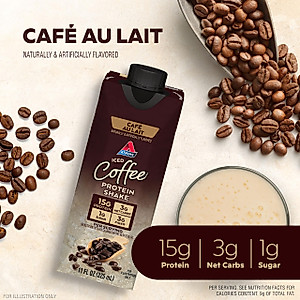 Atkins Café au Lait Iced Coffee Protein Shake, 15g Protein, Low Glycemic, 3g Net Carb, 1g Sugar, Keto Friendly, 12 Count