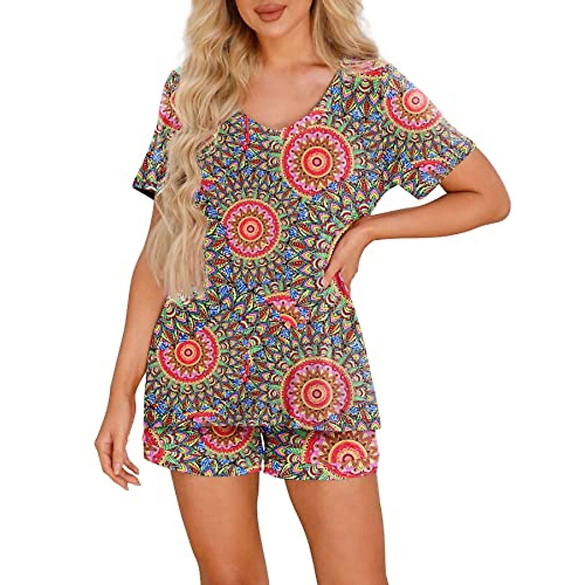 PrinStory Women's Pajama Set Short Sleeve Shirt and Shorts Sleepwear Pjs Sets with Pockets FP-Peacock Blue-Large