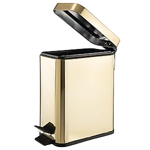mDesign Small Modern 1.3 Gallon Rectangle Metal Lidded Step Trash Can, Compact Garbage Bin with Removable Liner Bucket and Handle for Bathroom, Kitchen, Craft Room, Office, Garage - Soft Brass