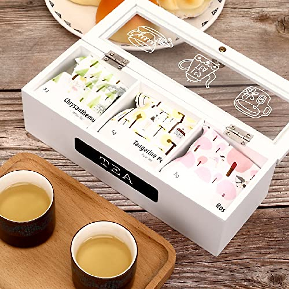 Tea Bag Organizer,White Wood 3 Compartment Tea Bag Organizer,Tea Holder Organizer,Tea Box Storage Box,Tea Box Organizer for Organizer and Display Tea Bags