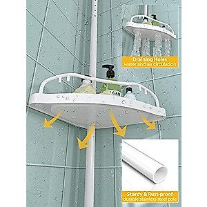 Corner Shower Caddy Tension Pole, Bathroom Organizer Stand Pole with 4 Plastic Baskets, for Bathtub Shampoo Accessories Storage Rake Freestanding, 54 to 114 inch Height, White