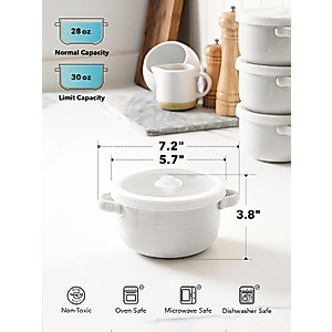 LE TAUCI Soup Bowls with Handles and Silicone Lids, 28 oz Ceramic French Onion Soup Bowls, Oven & Microwave Safe Ramen Cooker for Cereal, Chilli and Stew Beef, Non-Toxic Soup Crocks, Set of 4, White