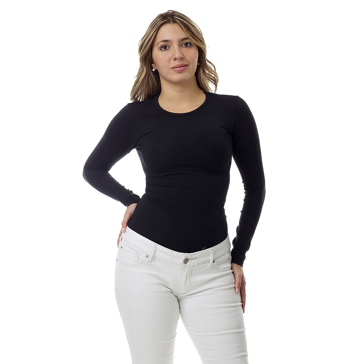 Underworks Women's Ultra Light Compression Minimizer Crew Long Sleeves, Large, Black