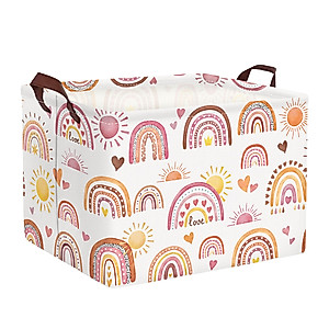 Clastyle Boho Pink Purple Rainbow Storage Baskets Rectangular Sun Heart White Shelf Basket with Handle Clothes Books Toys Storage Bin for Bedroom Kindergarten