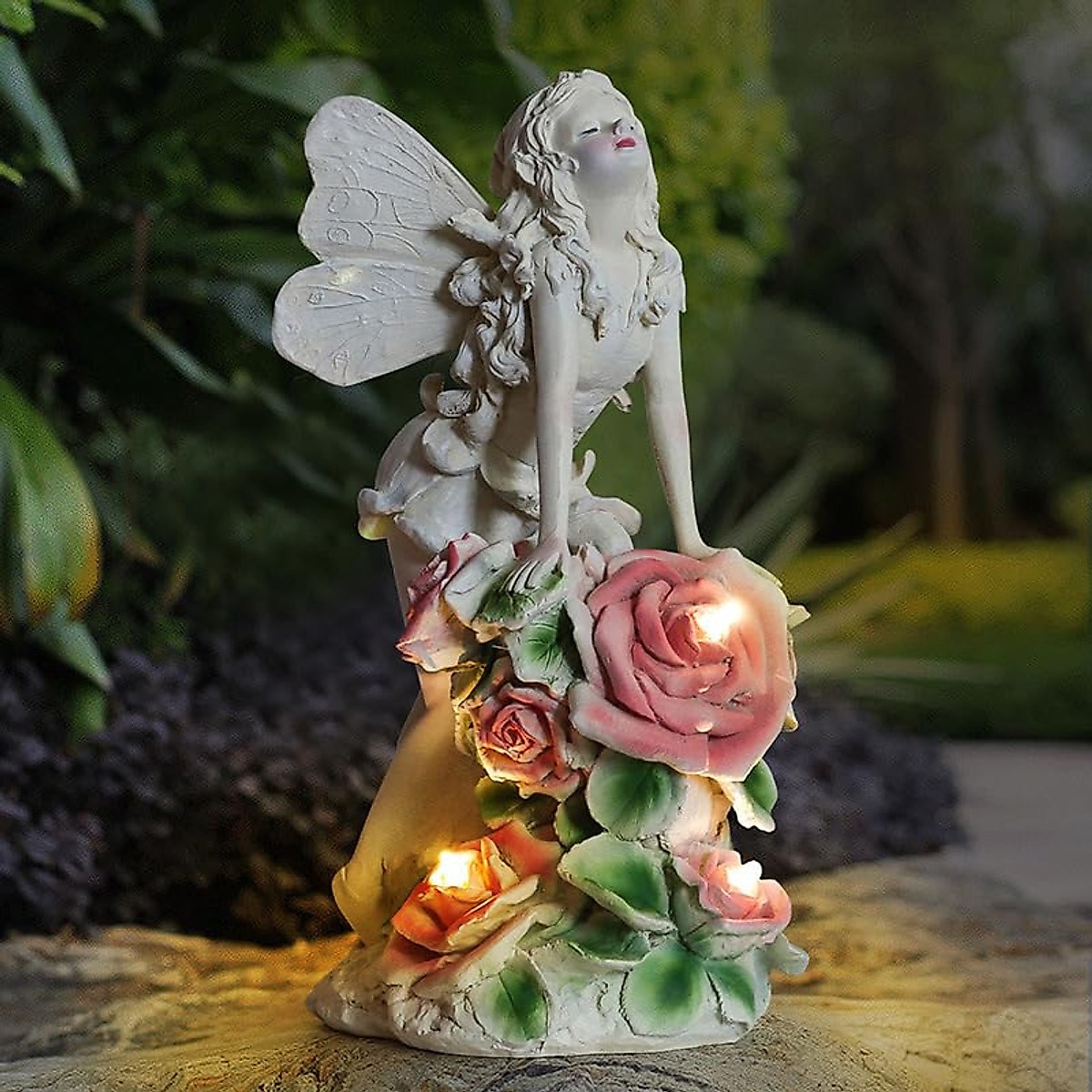JOEL Solar Garden Statues - Outdoor Garden Decor - Rose Fairy Figurine with 4 Waterproof LED Lights - Angel Art Home Decoration for Yards/Lawn- Unique Housewarming Birthday Gift for Women,Mom,Grandma