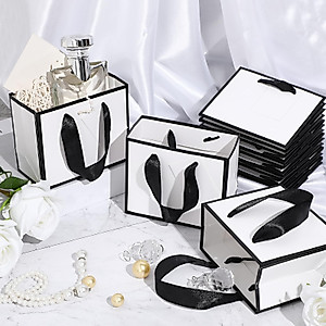 Yeaqee 50 Pcs Mini Gift Bags with Handles Small Christmas Gift Bags Metallic Foil Paper 4x4.75x2.25'' Extra Small Thank You Gift Bags Bulk with Tag for Christmas Birthday Party Wedding(White, Black)