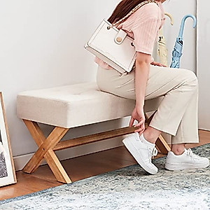 HUIMO 35-inch Entryway Bench, Upholstered End of Bed Bench for Living Room, Bedroom. Dinning Bench Seat with X-Shaped Legs for Kitchen, Solid Wood Indoor Bench for Foyer, Hallway (Beige)