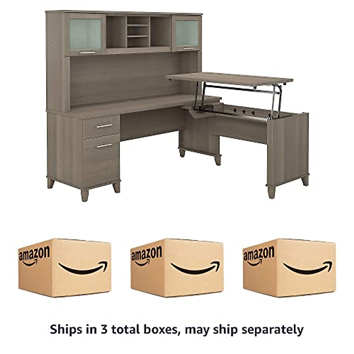 Bush Furniture Somerset 72W 3 Position Sit to Stand L Shaped Desk with Hutch in Ash Gray