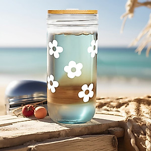 ANOTION Cute Glass Cups with Lids and Straws, Mason Jars with Flower Design, Bamboo Lid, Iced Coffee Cups Tumbler Drinking Glasses Travel Coffee Mug Perfect for Coffee, Smoothies, Boba Tea, and Wine