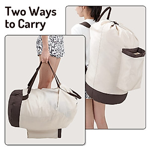 Laundry Bag Backpack for College, Large Laundry Bag with Detergent Holder and Adjustable Shoulder Straps, Durable Clothes Travel Laundry Backpack Hamper Bag Dorm Room Essentials (Khaki w Brown)