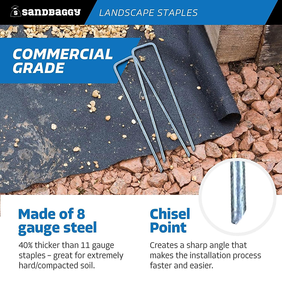Sandbaggy 6 inch Landscape Sod Staples (8 Gauge Steel) | Great for Hard & Rocky Soil | 40% Thicker Than Standard 11 Gauge Staples | Trusted by Farmers & Contractors Across USA (100 Staples)
