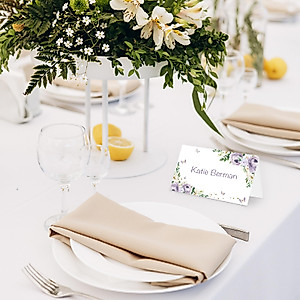 Whaline 100Pcs Floral Butterfly Place Cards 2 x 3.5 Inch Watercolor Purple Flower Tented Cards Table Name Sign for Party Banquet Reception Table Setting Supplies