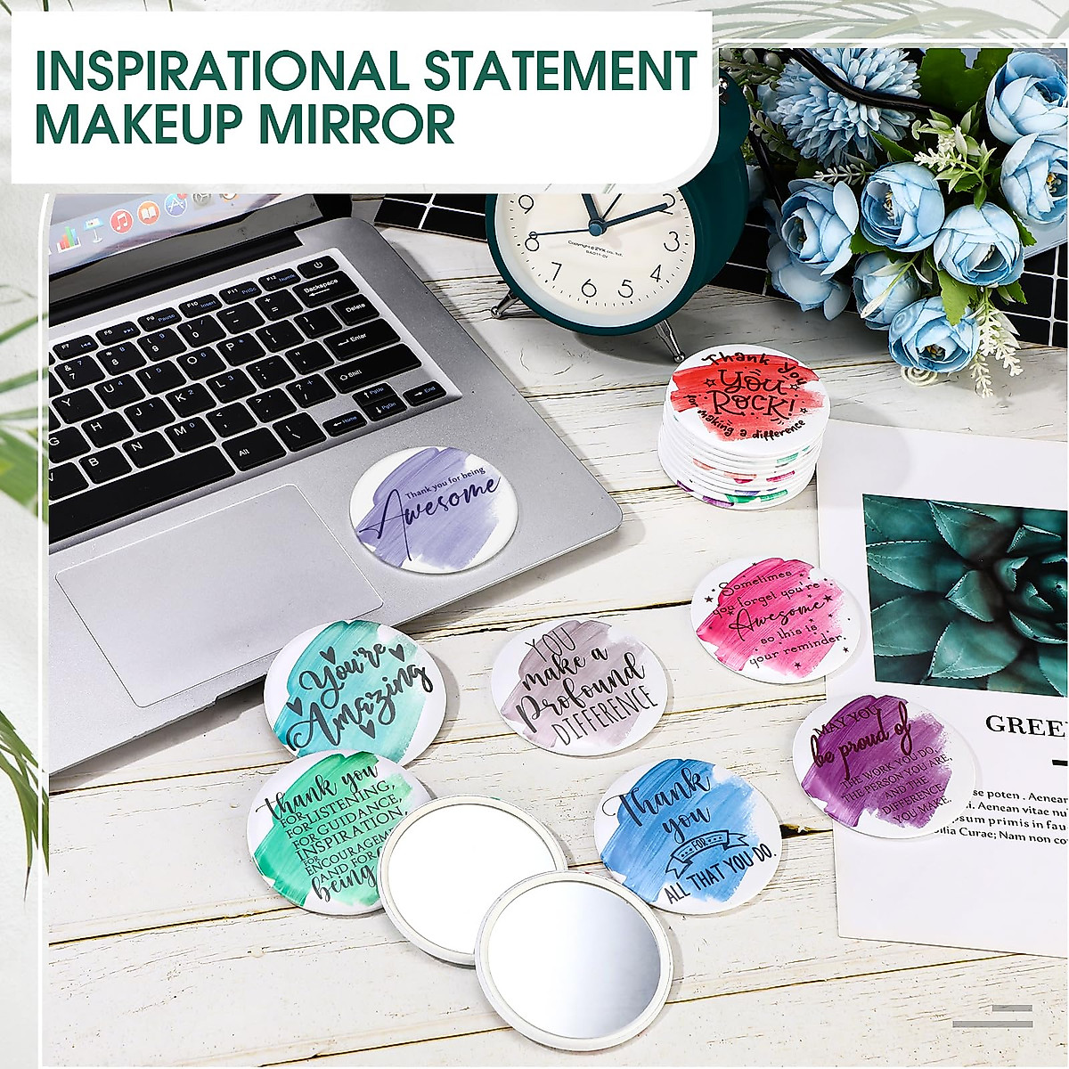 Kigley 50 Pcs Employee Appreciation Gifts Inspirational Compact Mirrors Bulk Round Pocket Mirror for Women Portable Makeup Mini Mirror for Teachers Coworker Secretaries Nurse Students