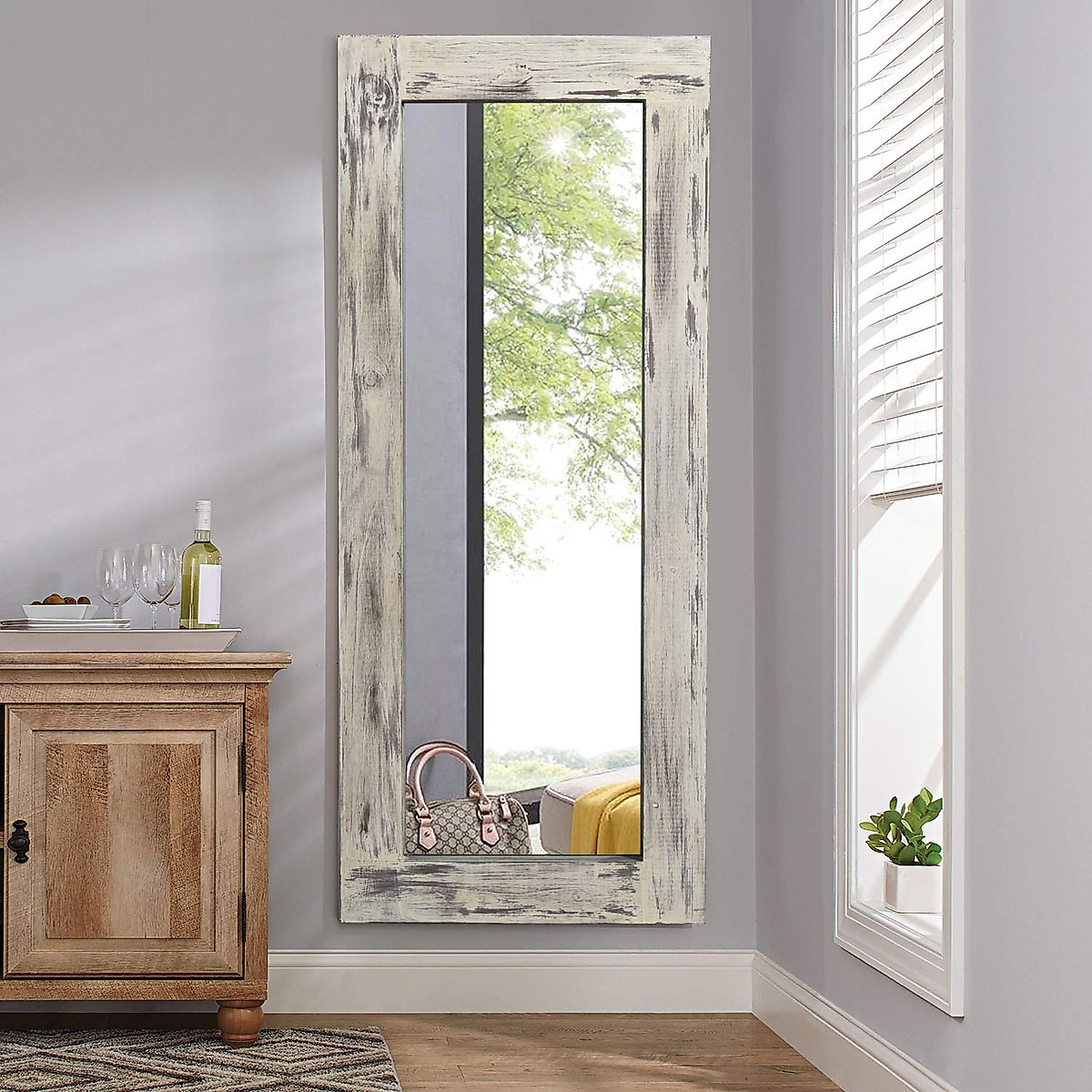 KIAYACI Full Length Mirror Floor Mirror Wood Frame Wall Mounted Mirror Distressed Style Wide Frame Dressing Make Up Mirror for Bathroom/Bedroom/Living Room/Entry/Farmhouse (Light Gray, 58" x 24")